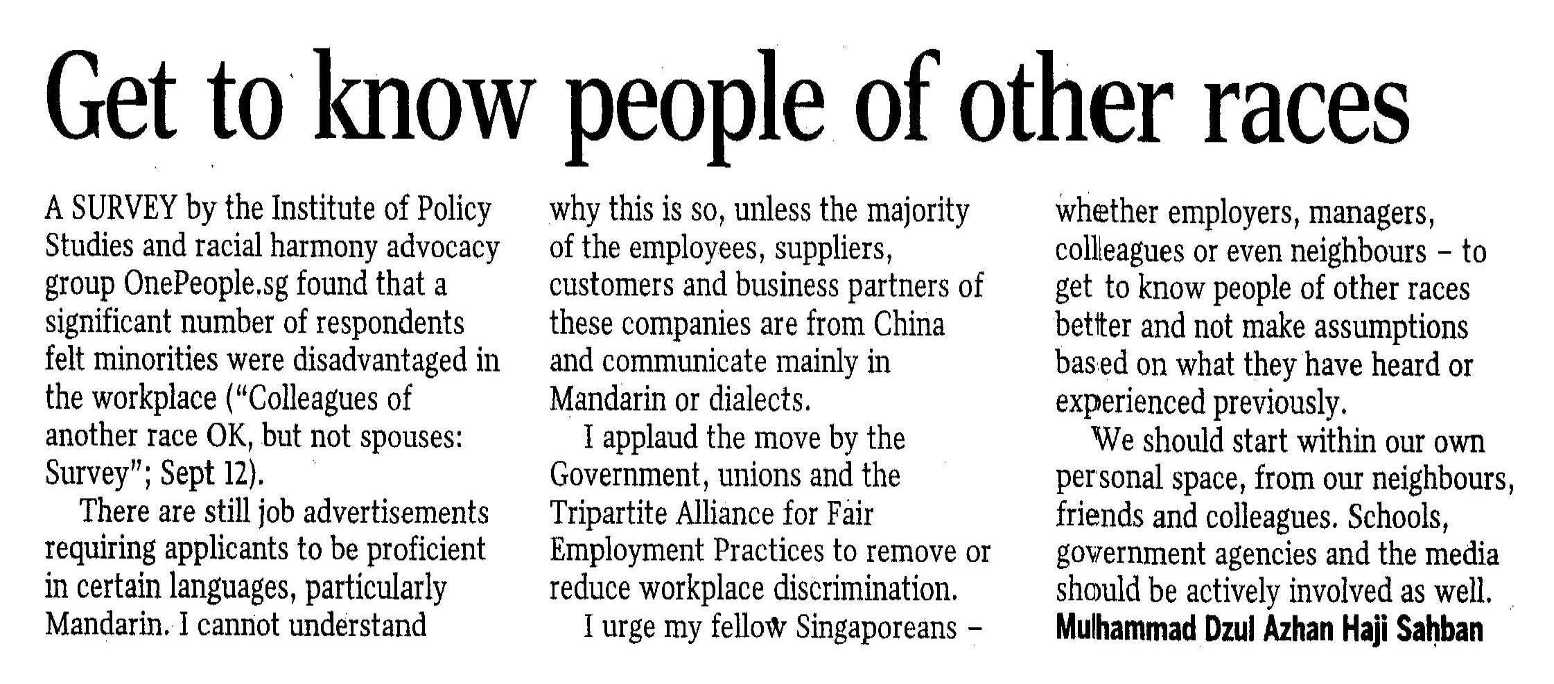 GET TO KNOW PEOPLE OF OTHER RACES – OnePeople.sg