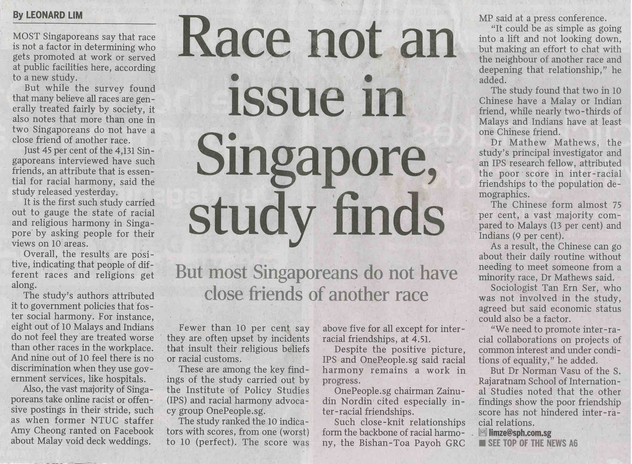 RACE NOT AN ISSUE IN SINGAPORE, STUDY FINDS – OnePeople.sg