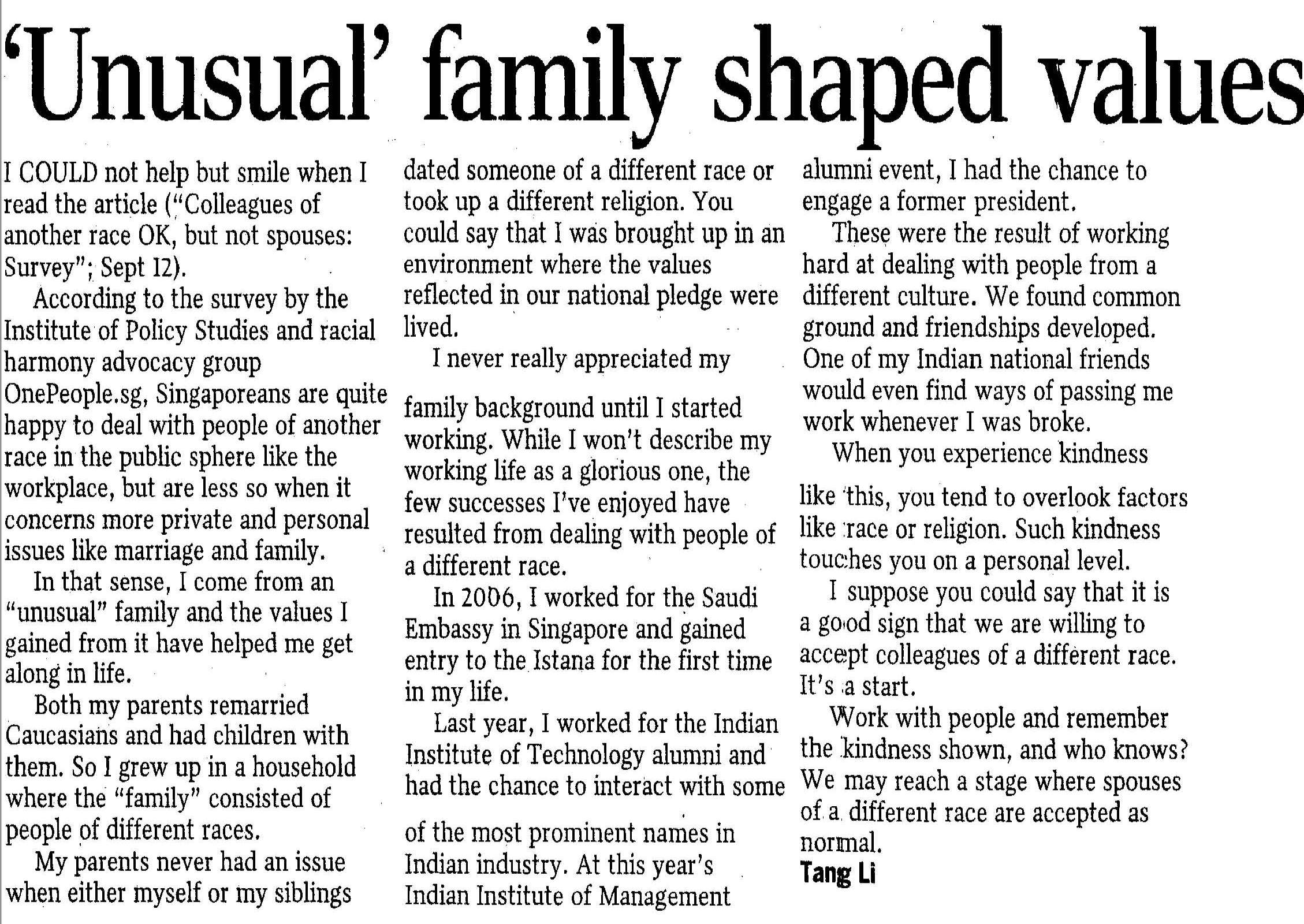 ‘UNUSUAL’ FAMILY SHAPED VALUES – OnePeople.sg